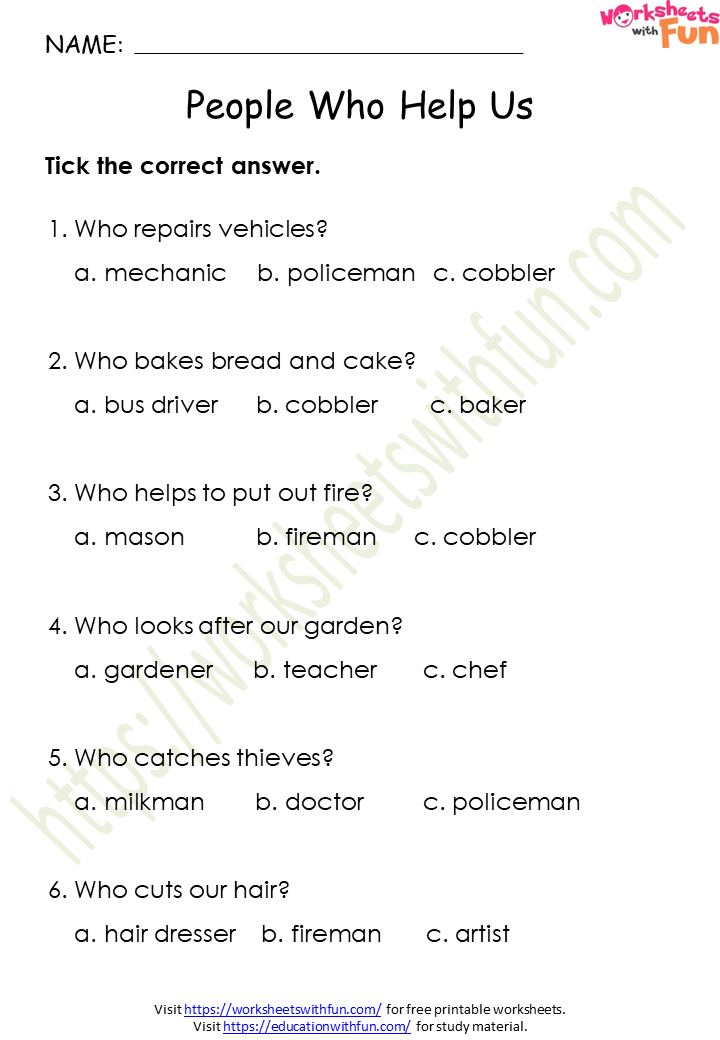 Topic People Who Help Us Worksheets Environmental Science Class 1